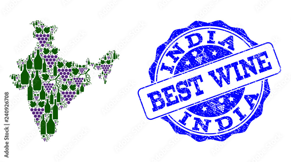 Vector collage of grape wine map of India and grunge seal stamp for ...