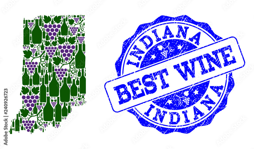 Vector collage of grape wine map of Indiana State and grunge seal for ...