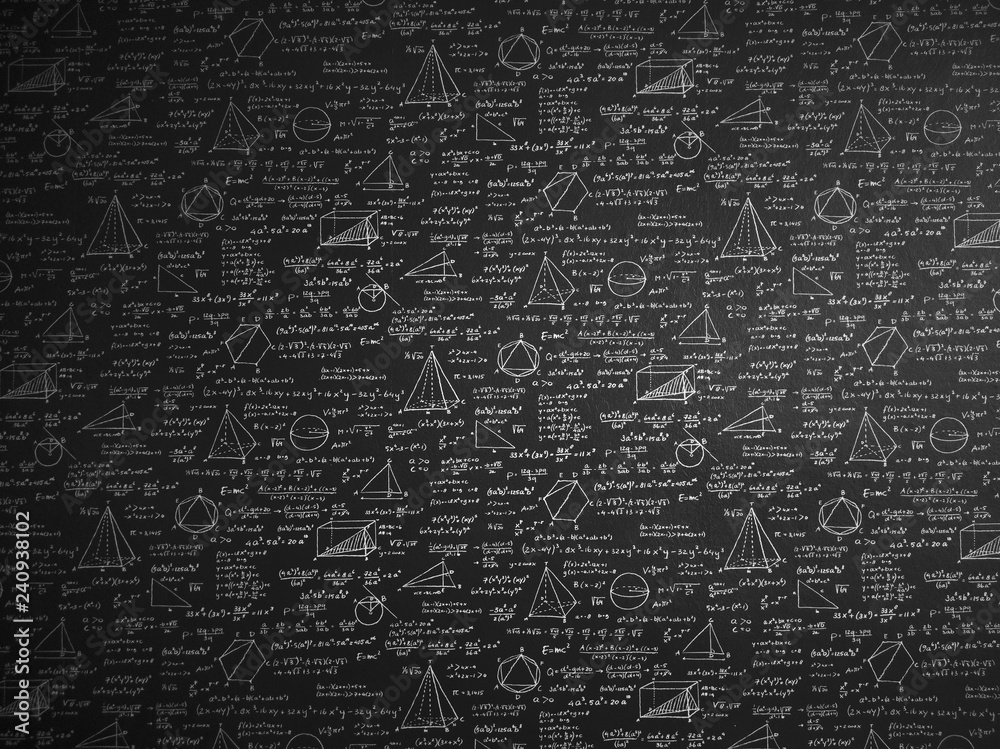 Pattern and symbol with mathematics equation and calculations on black ...