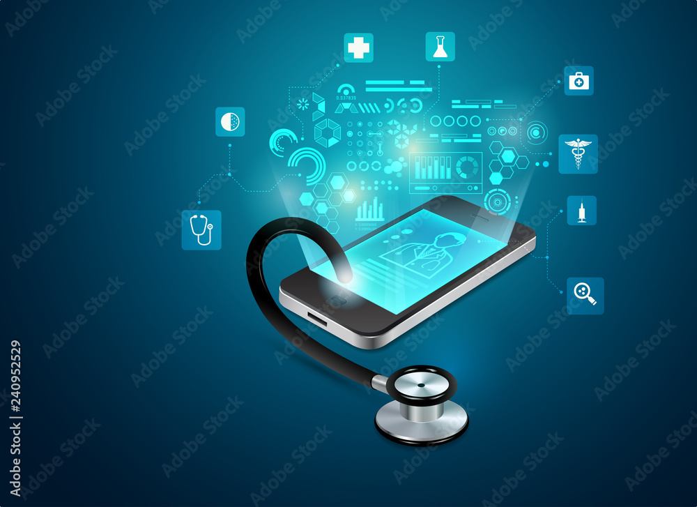 concept of telemedicine or e-health, graphic of realistic smart device ...