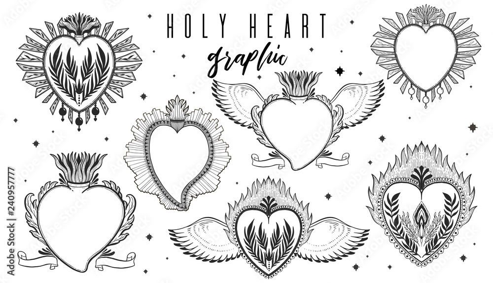 Poster Sketch graphic illustration set Holy heart with mystic and ...