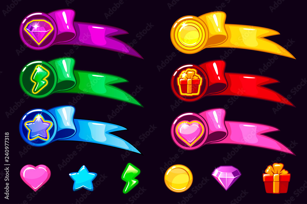 Cartoon GUI elements and icons. Vector ribons for game design Stock ...
