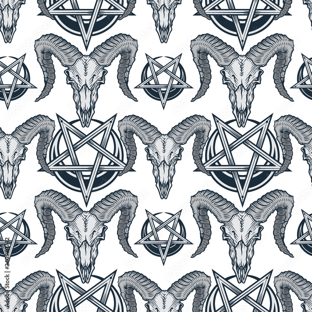 Vector seamless pattern with ram skulls and illustration of stylish ...