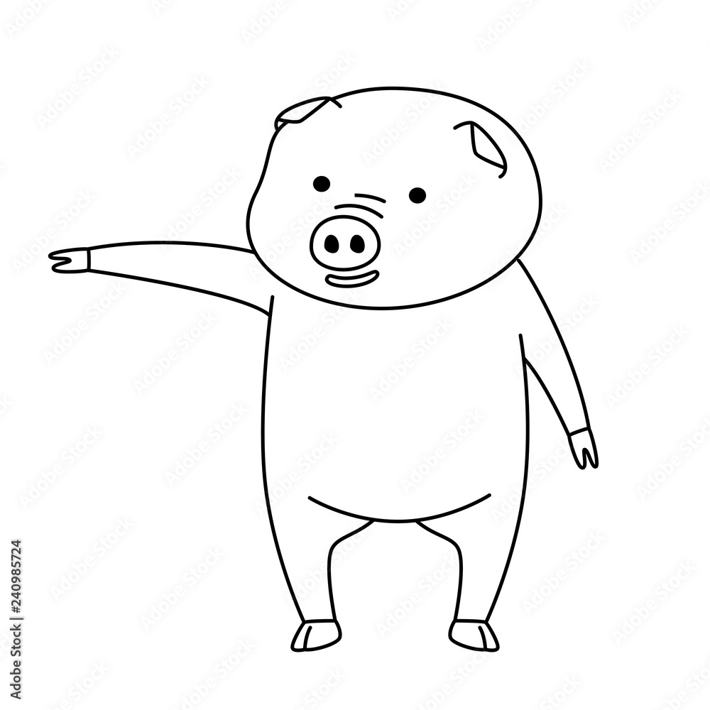 Vector pig cartoon character in hand pointing poses with line art style ...