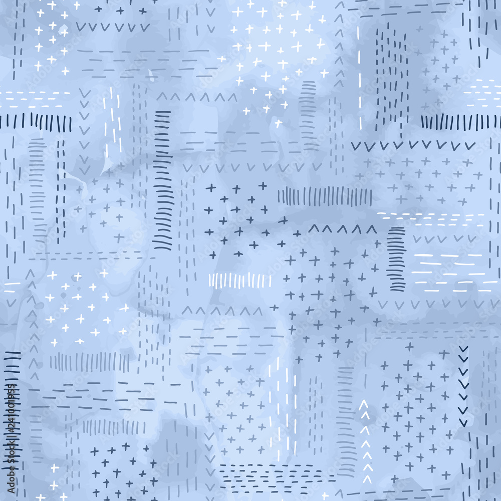 Light blue vector seamless pattern with hand drawn stitches inspired by ...