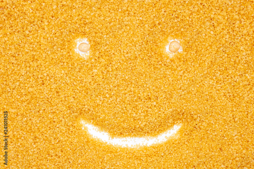 Brown sugar, funny smile face, close up, macro, top view. Popular ...