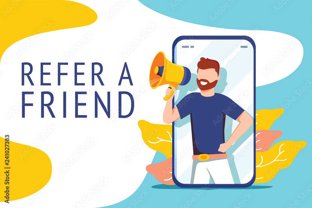 Refer a friend vector illustration concept, people shout on megaphone ...