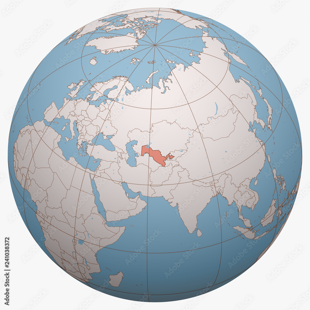 Uzbekistan on the globe. Earth hemisphere centered at the location of ...