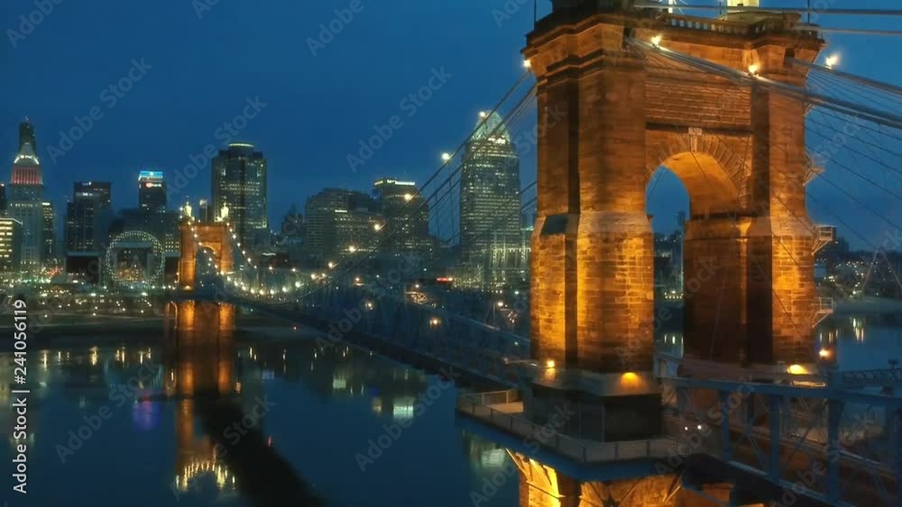 Crane shot up of Roebling bridge with lights at night Stock Video ...