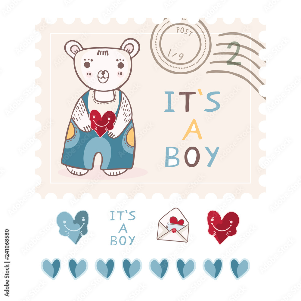Cute it's a boy teddy bear postage stamp vector elements set. New baby ...