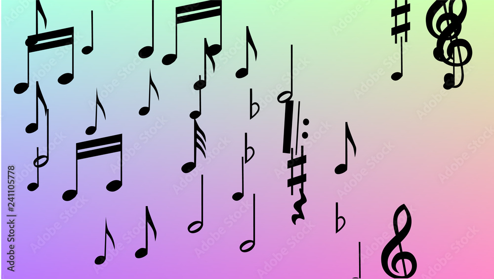 Disco Background. Many Random Falling Notes, Bass and, G Clef. Black ...