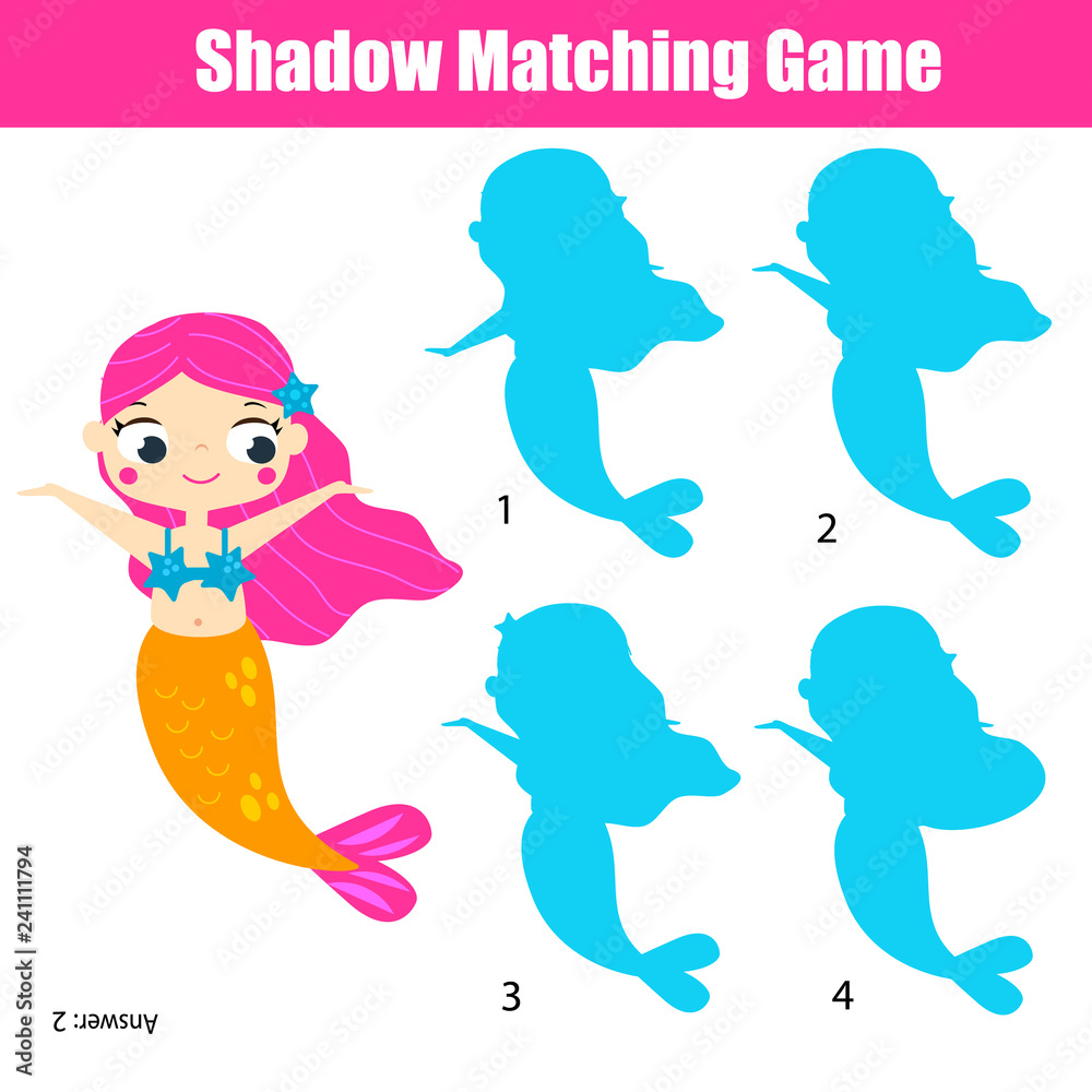 Shadow matching game. Kids activity with cute mermaid Stock Vector ...