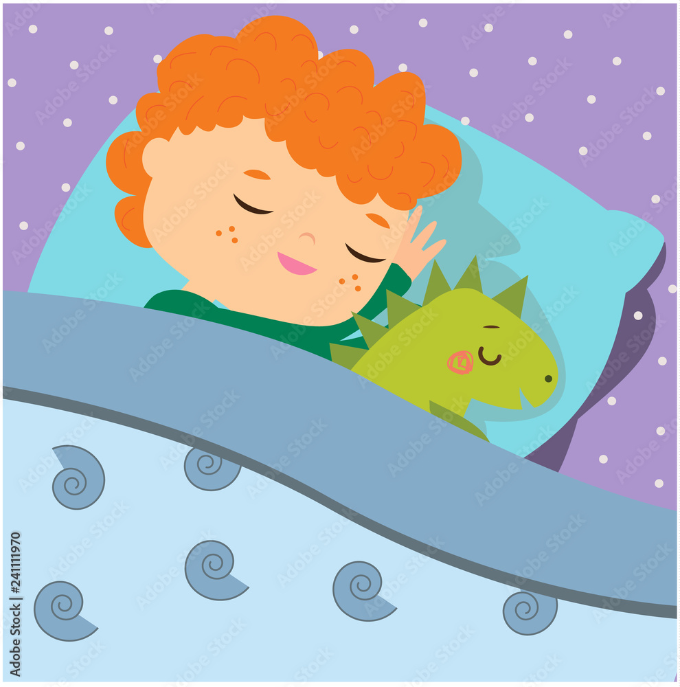 Cute boy sleeping with dino toy. Cartoon kid in bed having sweet dreams ...