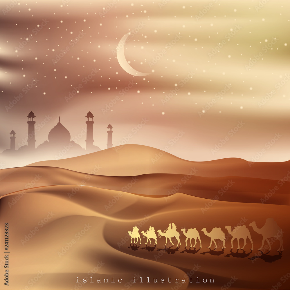 arabian land and desert by riding on camels accompanied by sparkles os ...