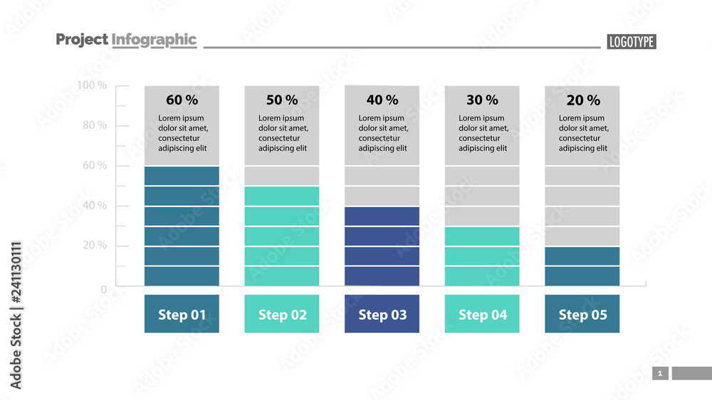 Five columns bar chart slide template. Business data. Percentage ...