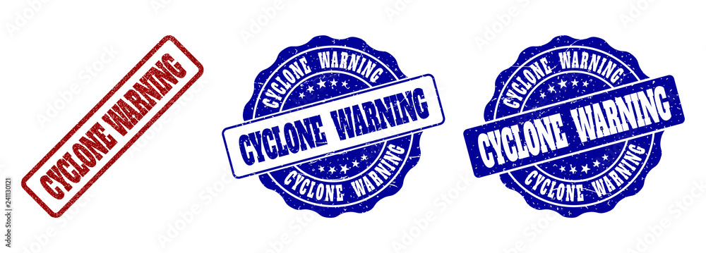 CYCLONE WARNING grunge stamp seals in red and blue colors. Vector ...