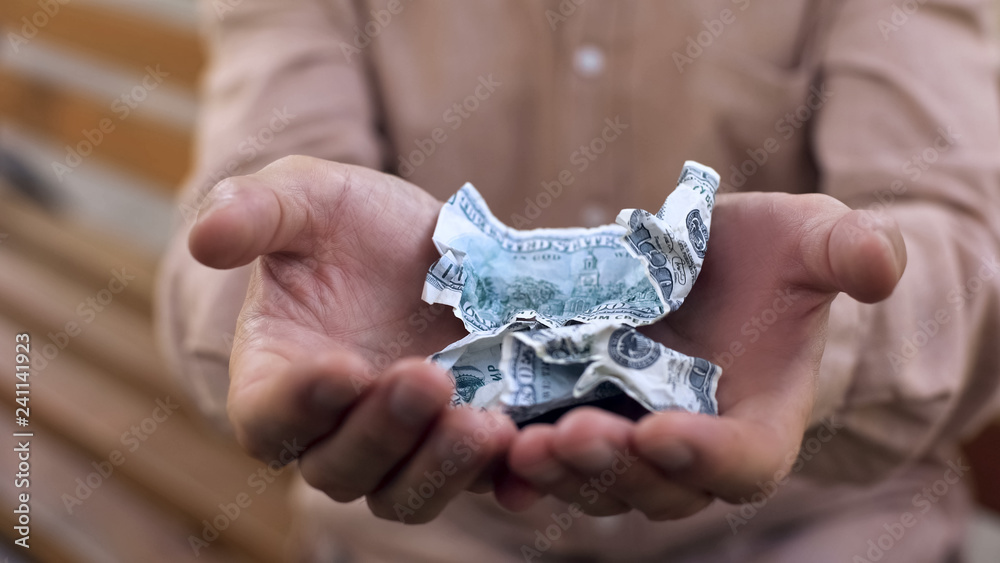 Crumpled dollar banknotes old male hands, financial crisis, money ...