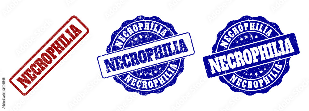 NECROPHILIA scratched stamp seals in red and blue colors. Vector ...