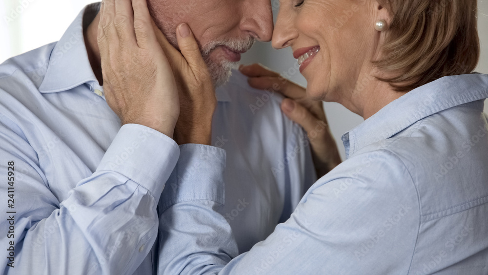 Female retiree cupping male cheek, man kissing her hand, harmonious ...