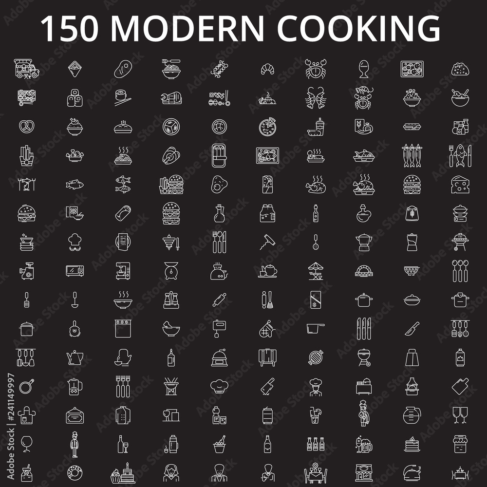 Cooking icons editable line icons vector set on black background ...