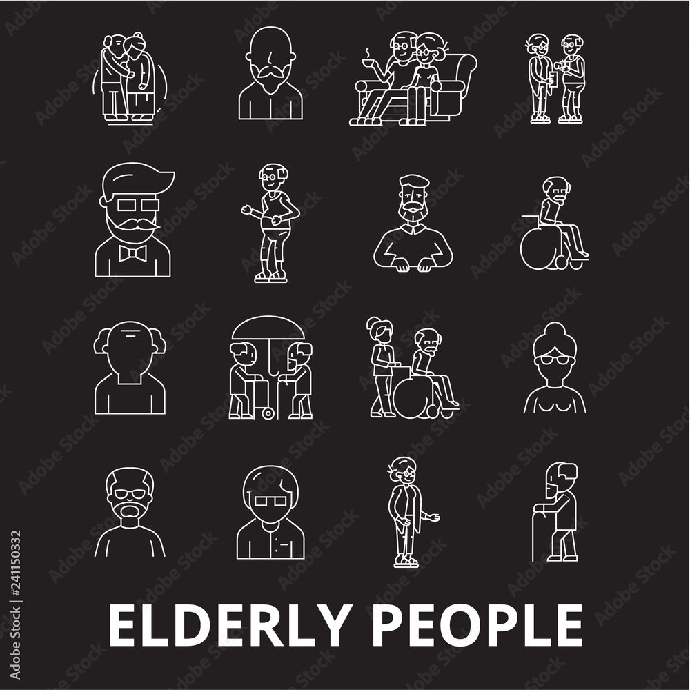 Elderly people editable line icons vector set on black background ...