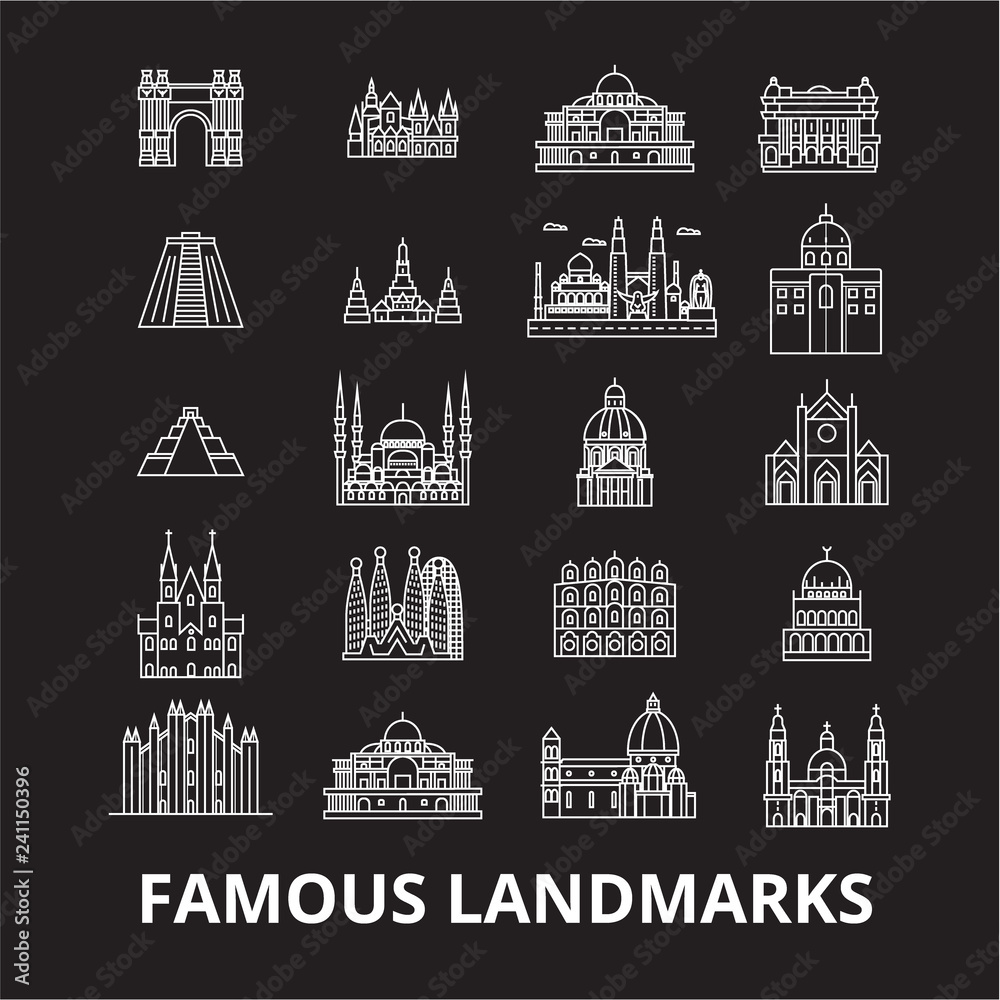 Famous landmarks editable line icons vector set on black background ...