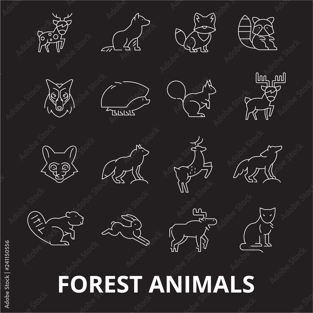 Forest animals editable line icons vector set on black background ...
