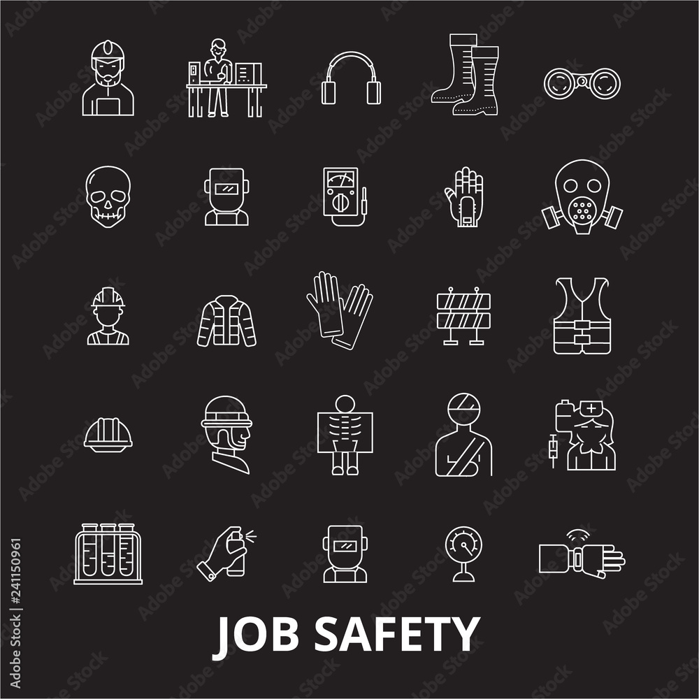 Job safety editable line icons vector set on black background. Job ...