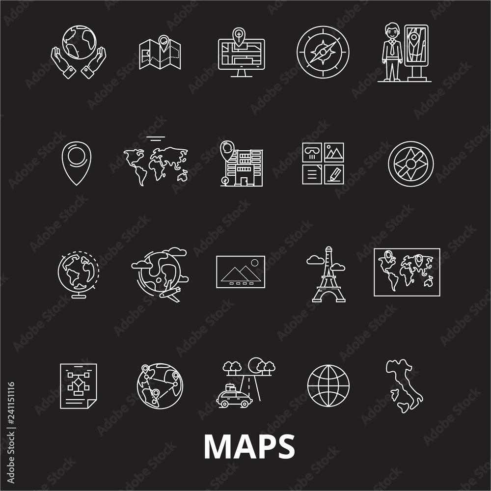 Maps editable line icons vector set on black background. Maps white ...