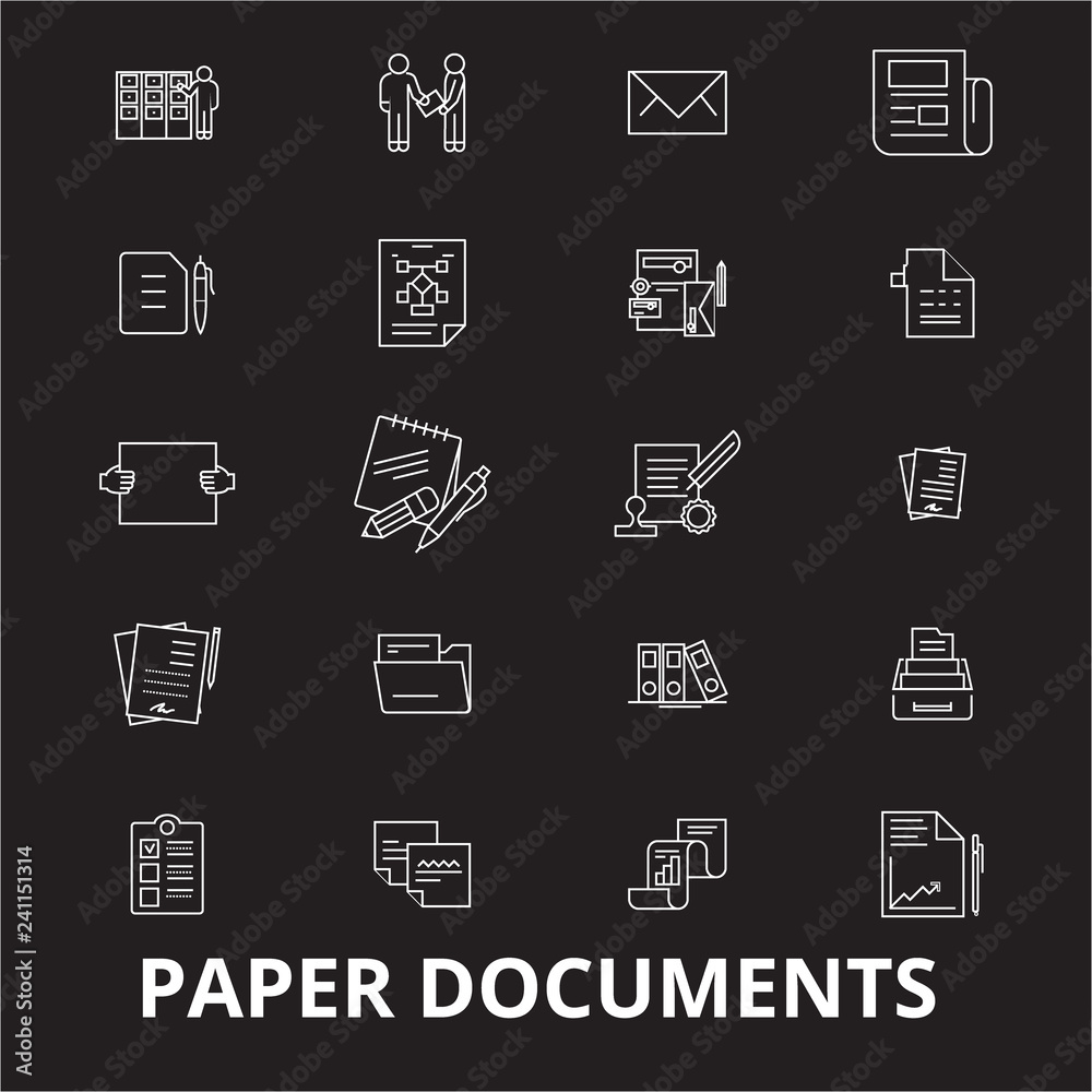 Paper documents editable line icons vector set on black background ...