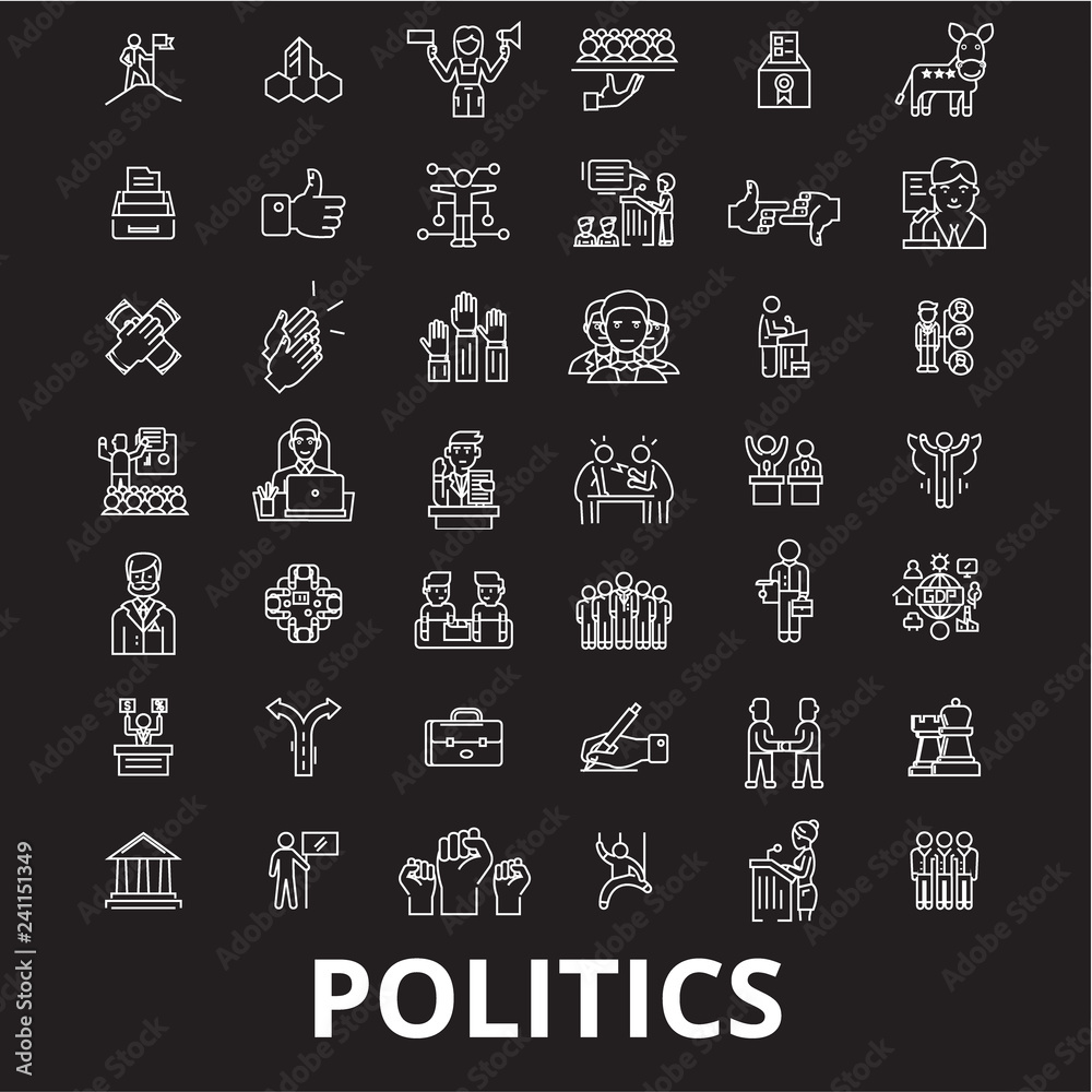 Politics editable line icons vector set on black background. Politics ...