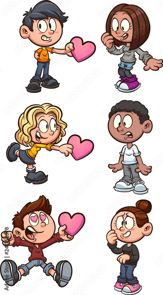 Cartoon kids giving and receiving Valentine’s hearth shaped cards Stock ...