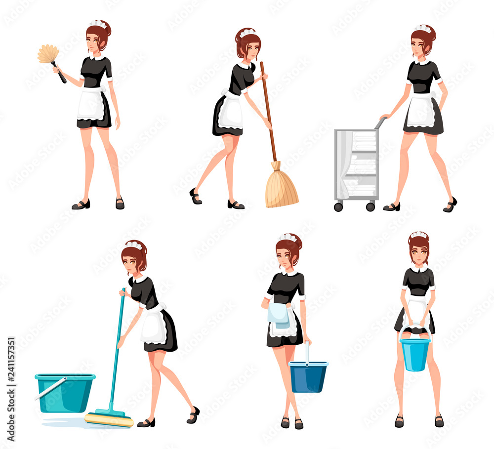 Collection of maids in french outfits. Hotel staff engaged in ...