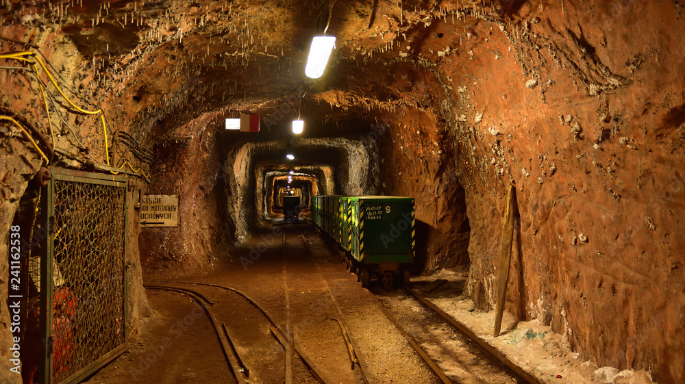Trams of underground salt mine railway with explosives Stock Photo ...
