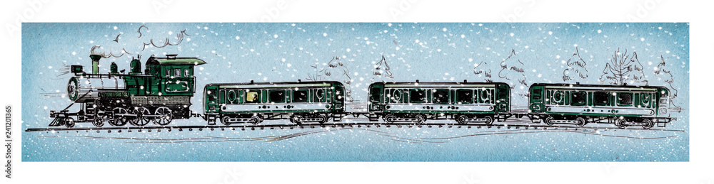 An old green steam train and three cars under falling snow in a snowy ...