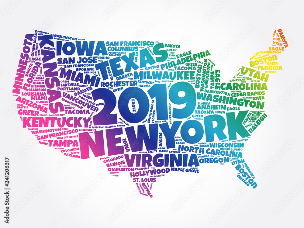 2019 year USA Map word cloud with most important cities Stock Vector ...