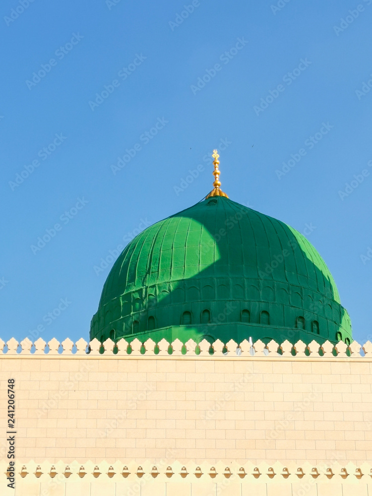Medina, Saudi Arabia - March 25, 2018: Green dome closeup at Prophet ...