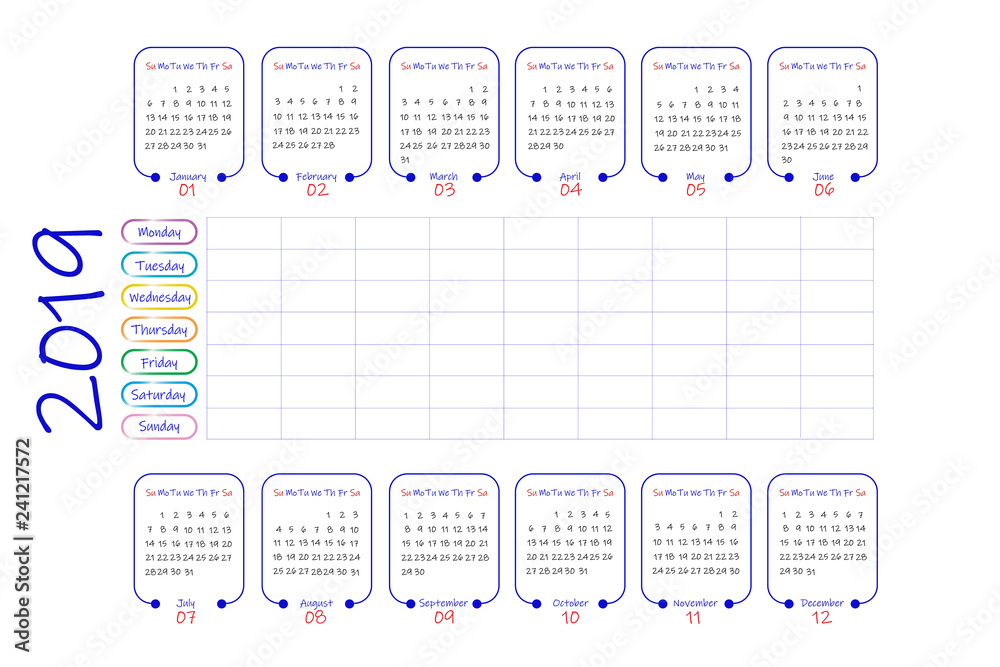 2019 year calendar with labels divided into the half year, the weekly ...