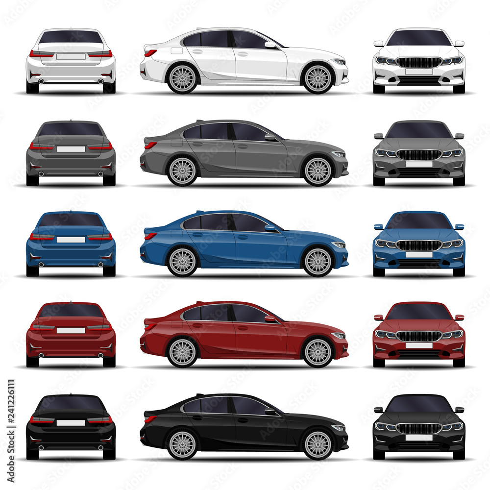 realistic cars set. sedan. front view; side view; back view. Stock ...
