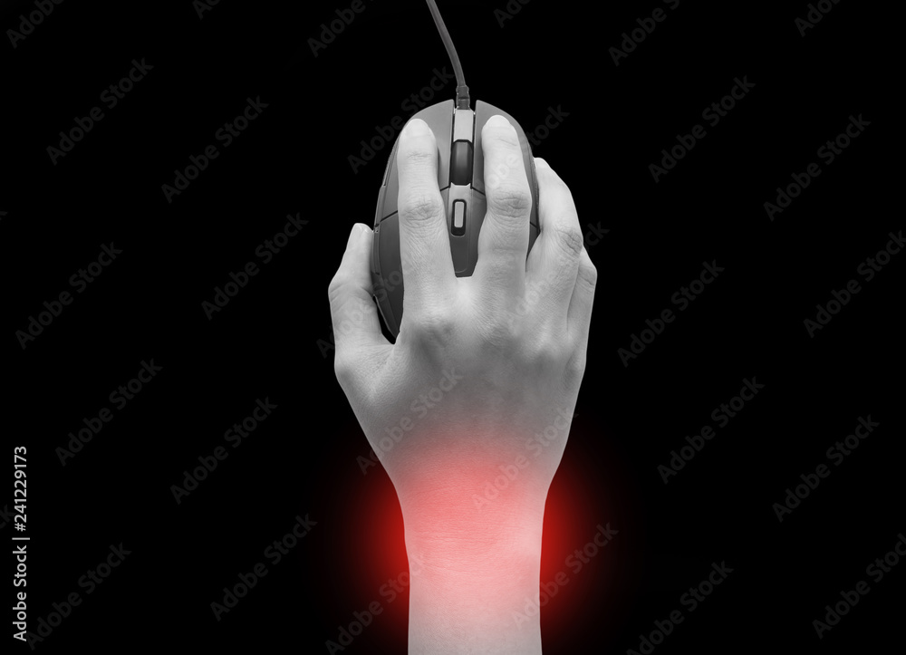 Top view of female hands clicking computer mouse isolated on black ...
