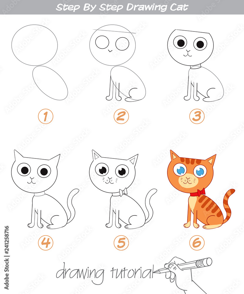 Drawing tutorial. Step by step drawing Cat Stock Vector | Adobe Stock