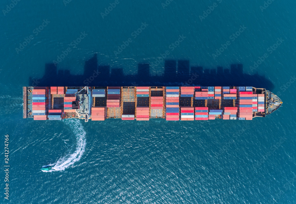 Aerial top view container ship at sea port for logistics import export ...