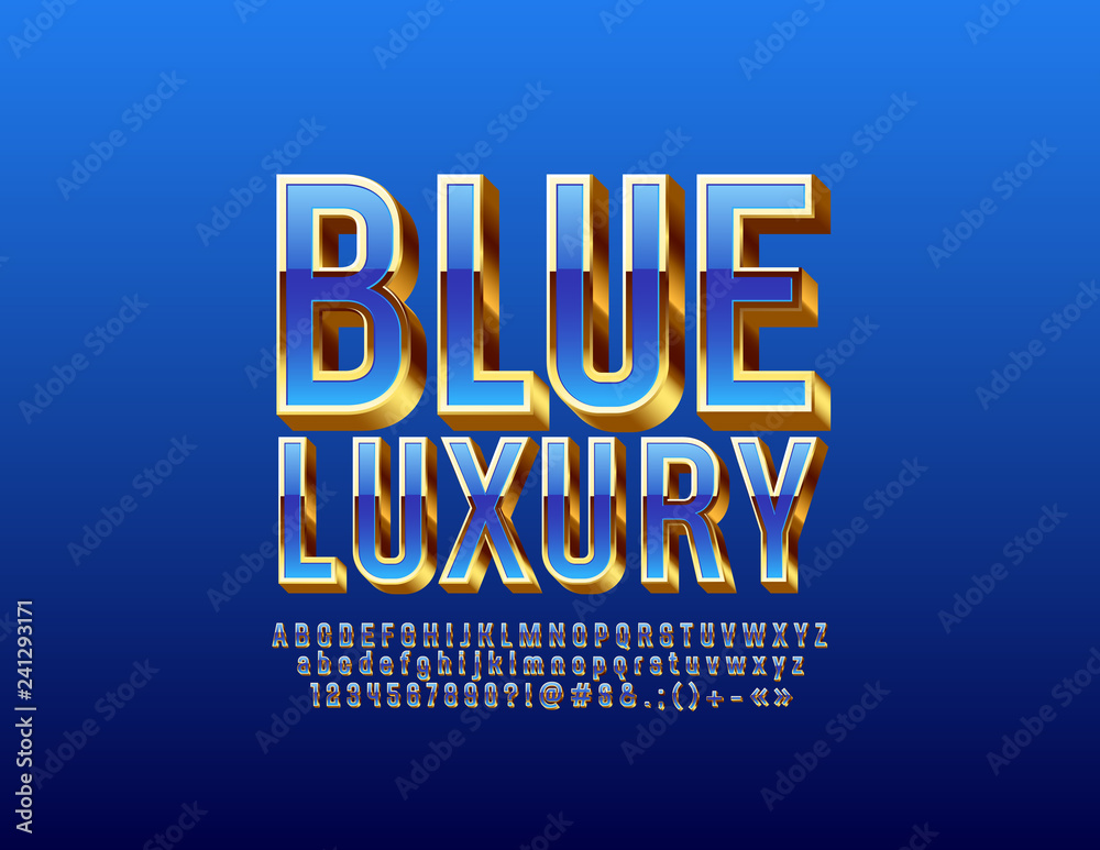 Stylish Blue and Golden Font. Elegant 3D Alphabet Letters, Numbers and ...