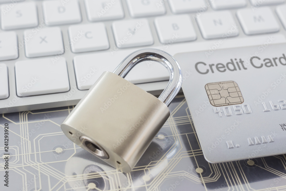 Padlock and credit card on digital circuits, keyboard. Stock Photo ...