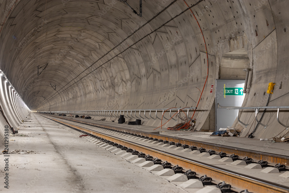 Inside of the railway tunnel "Ejpovice tunnel". Railway corridor ...