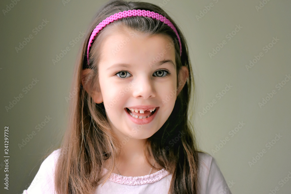 Caucasian white beautiful long haired brunette toothless girl with pink ...
