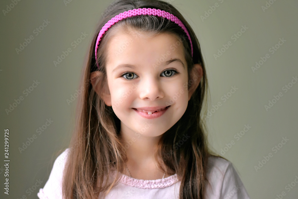 Caucasian white beautiful long haired brunette toothless girl with pink ...