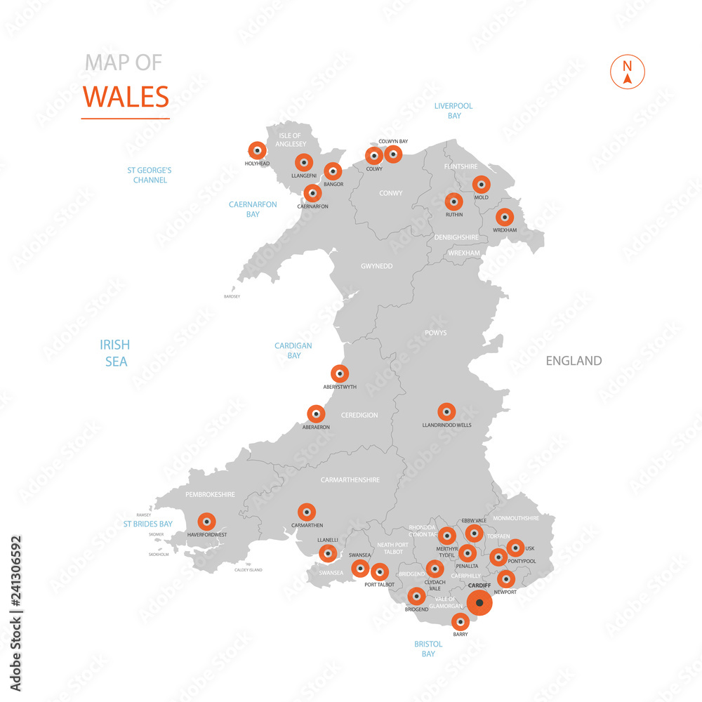 Stylized vector Wales map showing big cities, capital Cardiff ...