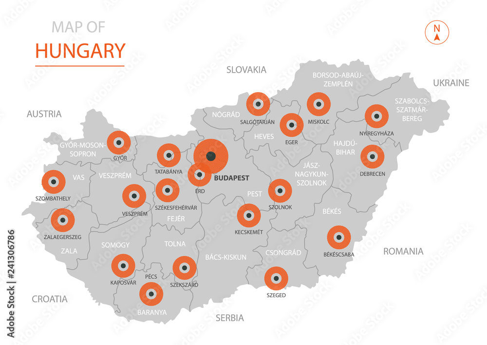 Stylized vector Hungary map showing big cities, capital Budapest ...
