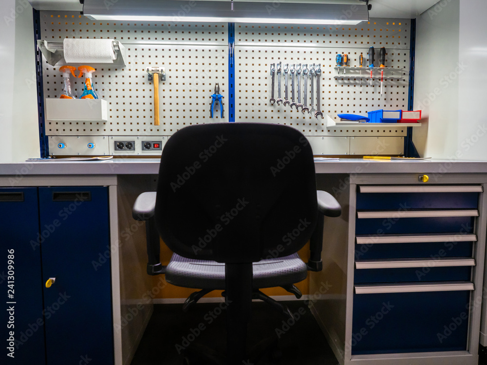 Table. Tool. Toolbox. Retractable shelves with containers. storage of ...